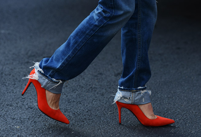 Celebrity Shoe Style Trend - Blue Jeans & Red Heels