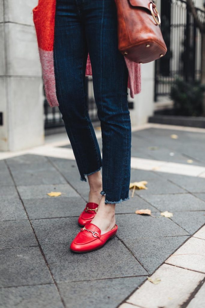 Red Hot Gucci Loafers Dupe Outfit: Vionic Adeline Slides & Striped Cardi